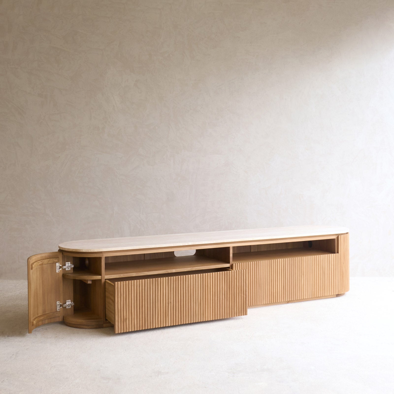 Moher Travertine TV Console | Teak - Natural (230cm) – Originals Furniture